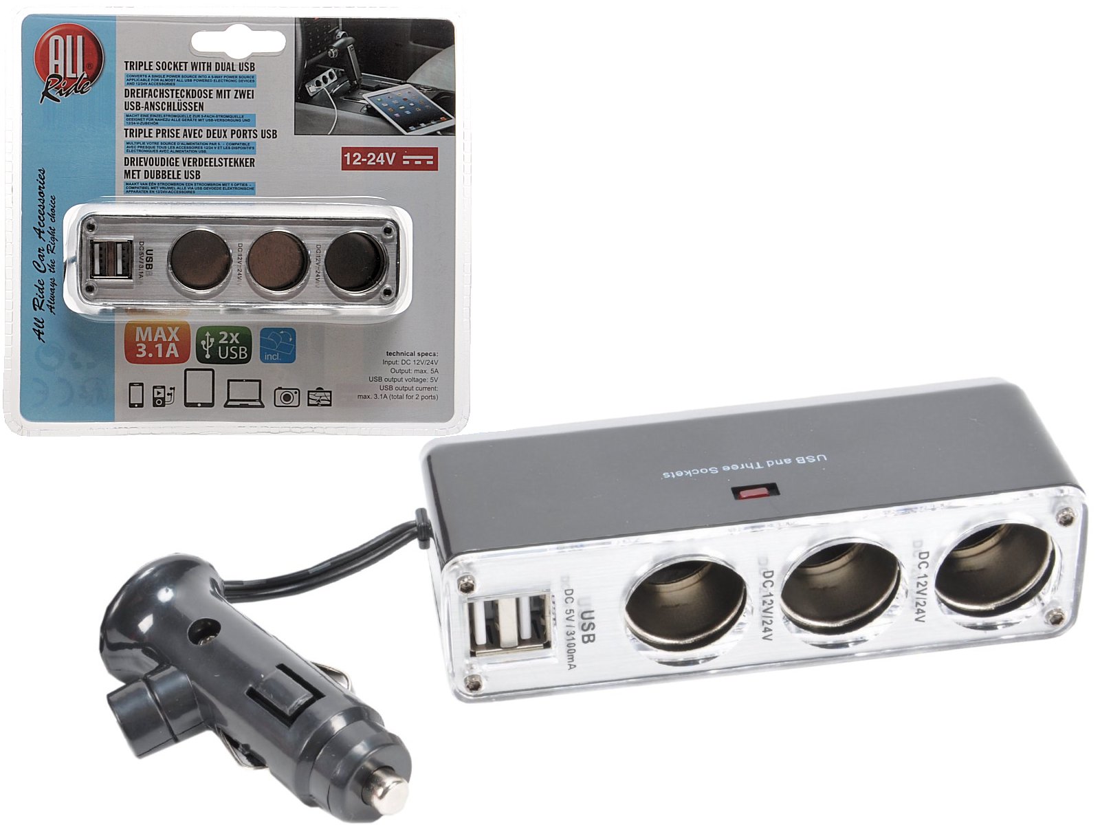 ALL Ride Steckdose 3er mit 2 USB, max 3.1 A, 12/24V | Autoelektrik ...